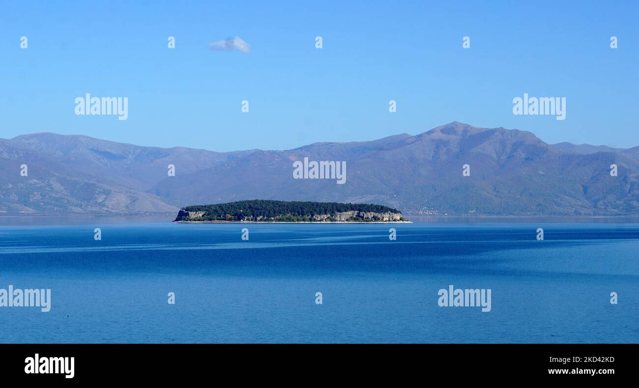 picture of a lake Prespa and island golem grad Stock Photo - Alamy