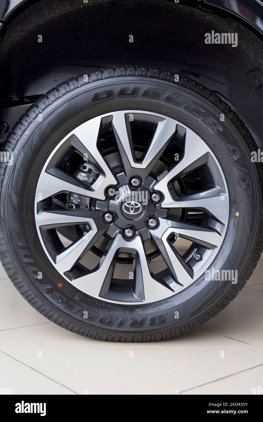 Russia, Izhevsk - September 30, 2021: Toyota showroom. The wheel of new ...