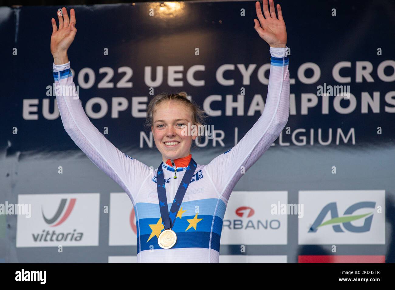 Dutch Fem Van Empel , winner of the gold medal celebrates on the podium ...