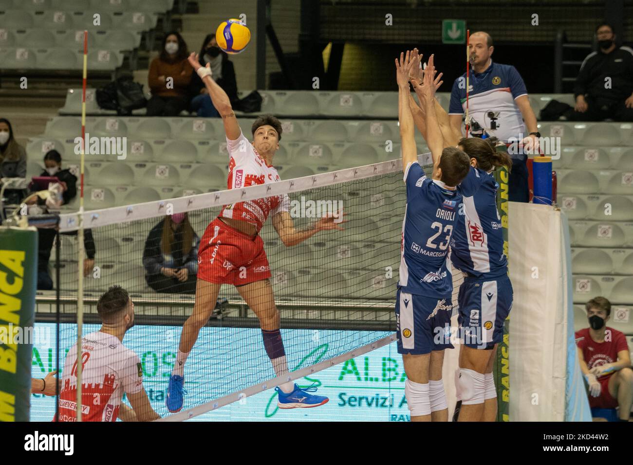 Francesco Recine (Piacenza) spikes during the Volleyball Italian Serie ...