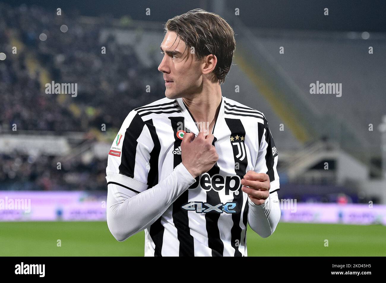 Dusan Vlahovic of FC Juventus looks on during the Coppa Italia Semi ...