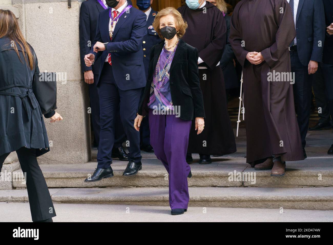 Queen Sofia at the exit after the traditional kissing of Jesus of ...