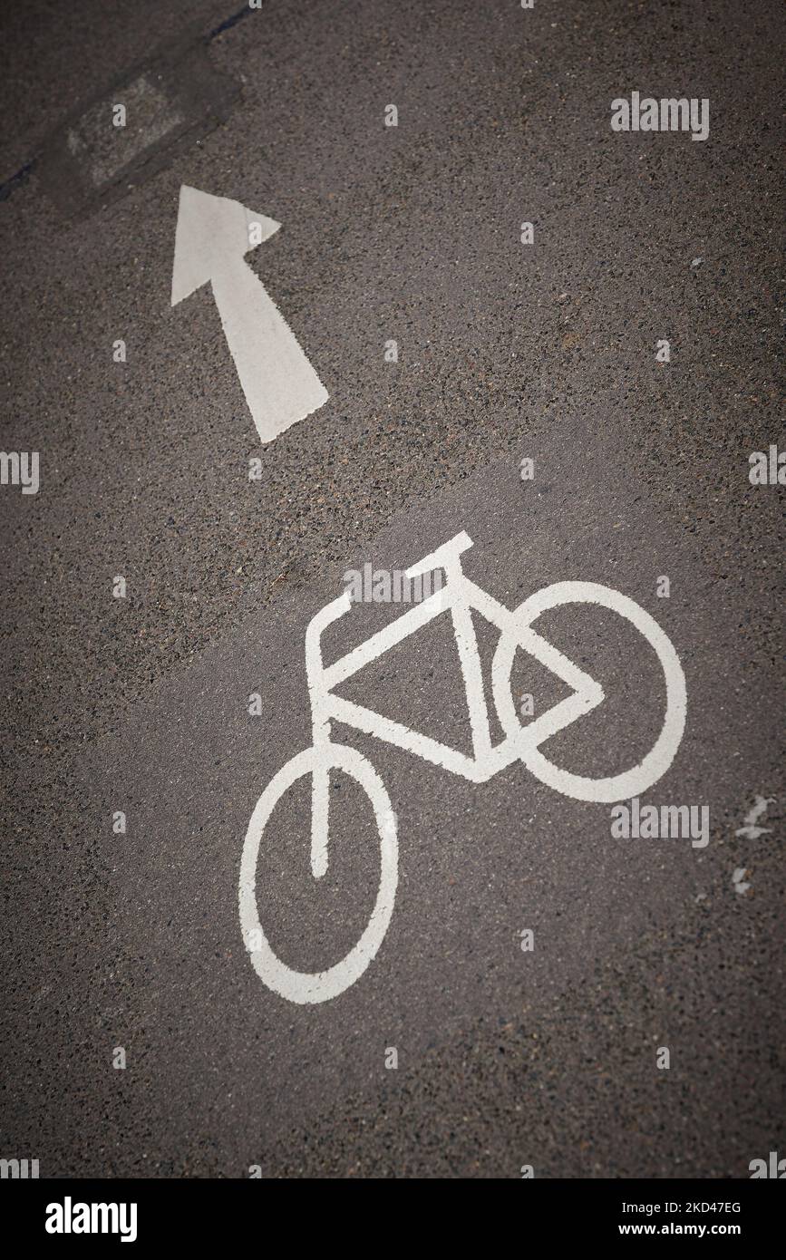 Road marking on asphalt to indicate a bicycle lane with directional ...