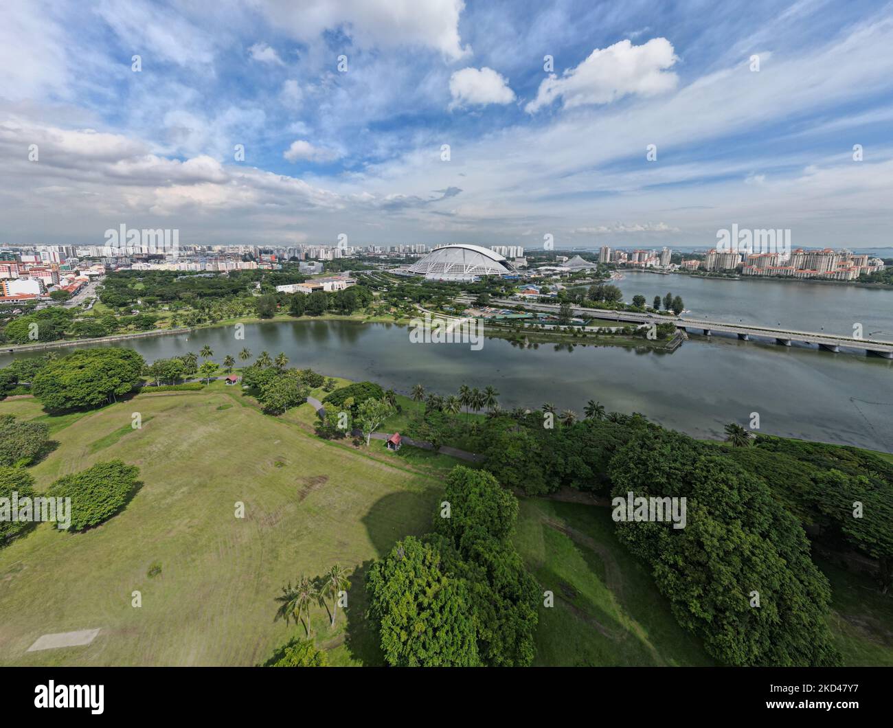 A high-angle of Kallang river view with a National stadium, cloudy sky ...