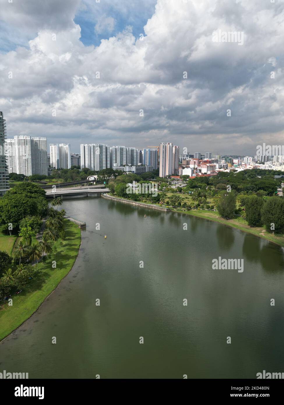 A vertical high-angle over Kallang river leading to the cityscape ...