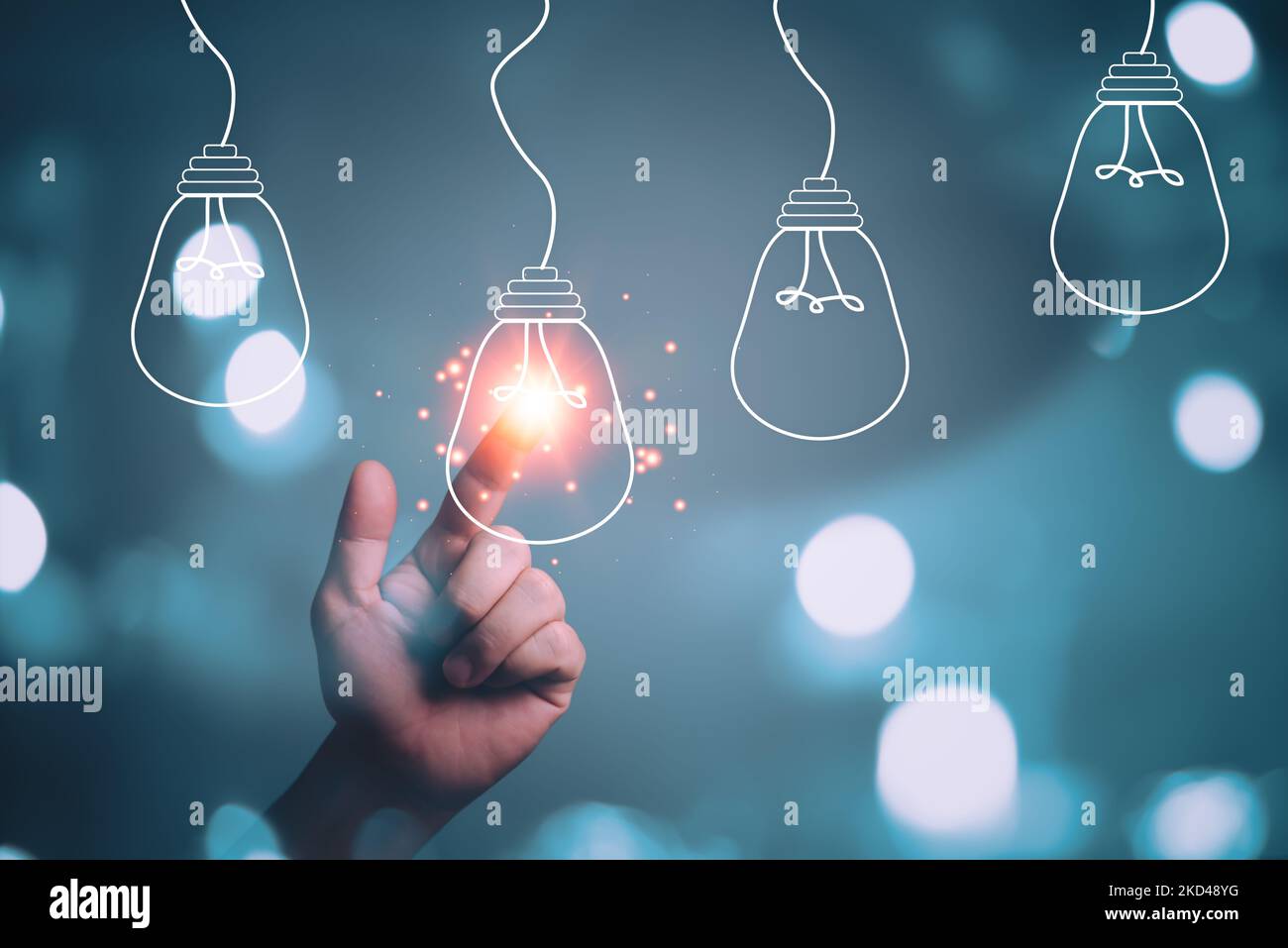 Man hand touching illuminated light bulb, Idea of positive thinking ...