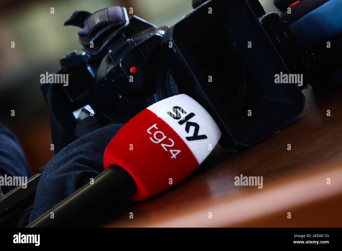 Sky logo is seen on a reporter's microphone in Przemysl, Poland on ...