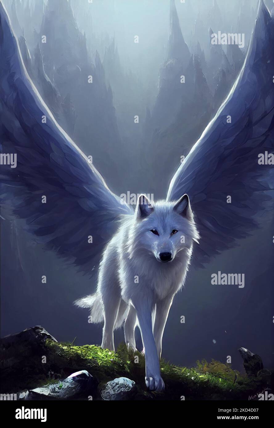Realistic White Wolf With Wings