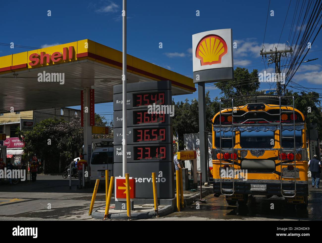 A Chicken bus at a Shell gas station in the city of Huehuetenango. On ...