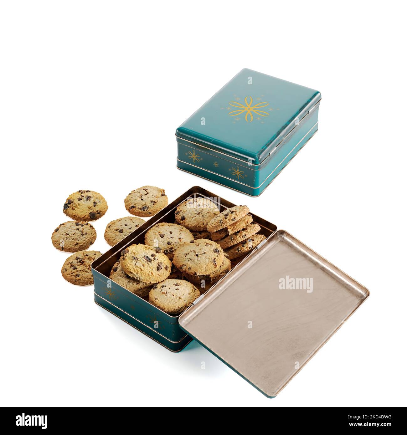 Some chocolate chip cookies in a box isolated on white Stock Photo - Alamy