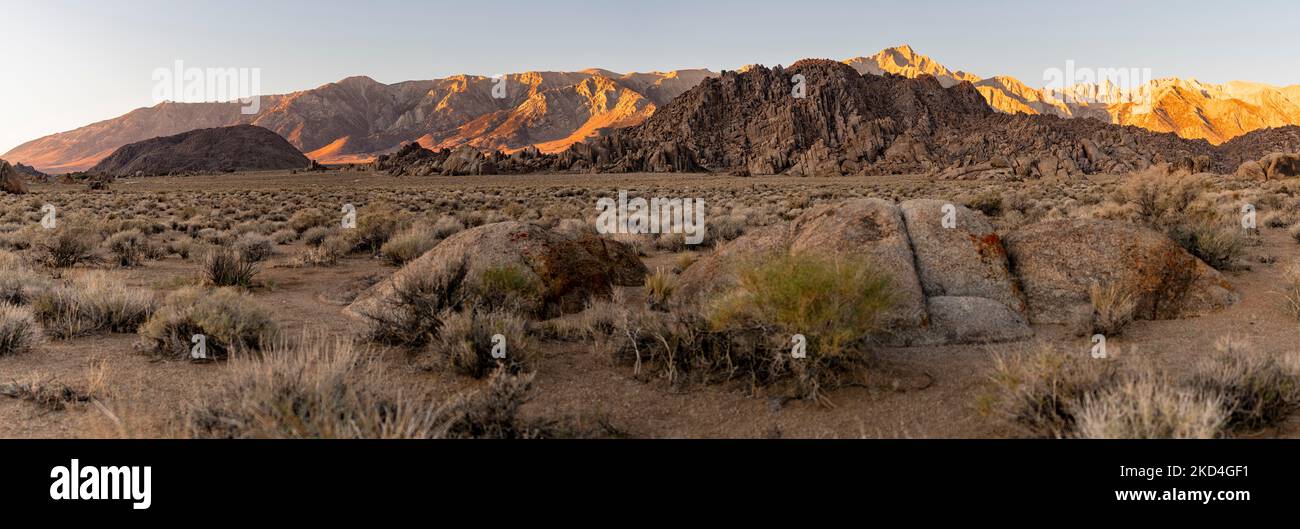Panorama of Alabama Hills with Sierra Nevada mountains in alpenglow in ...