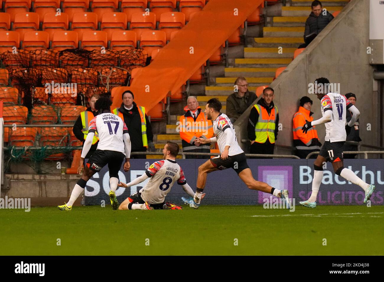 Luke Berry #8 of Luton Town celebrates after he scores to make it 0-1 ...