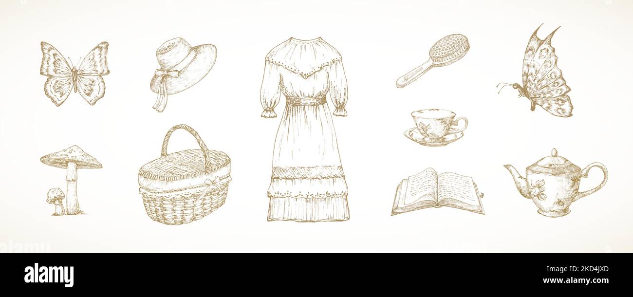 Cottagecore style items collection. Hand Drawn Sketch Vector ...