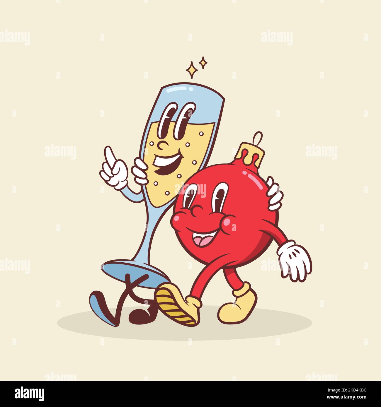 Christmas and New Year retro cartoon characters. Champagne glass and ...