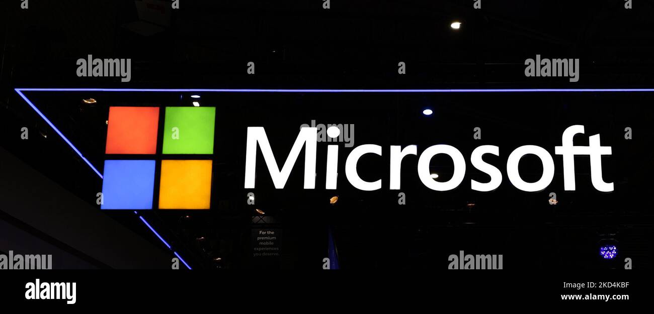 Microsoft logo exhibited at Microsoft stand during the Mobile World ...