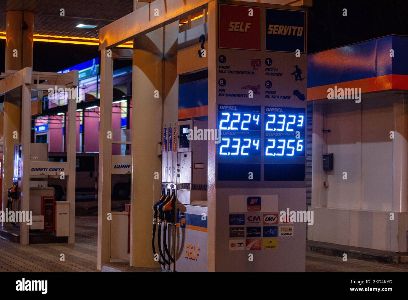 Petrol pumps are seen on 8th March 2022 in L'Aquila, Italy. Gazol and ...