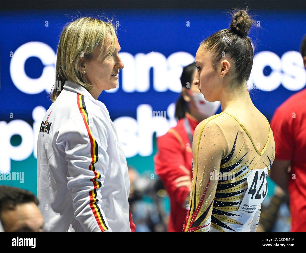 Belgian gymnastic coach Marjorie Heuls and Belgian gymnast Nina Derwael ...