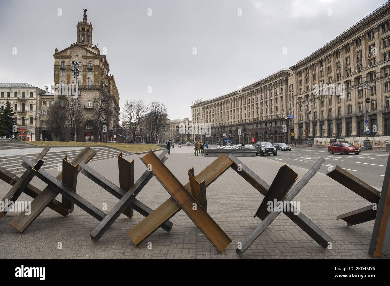 Anti-tank obstacle defense at the Independence Square in central Kyiv ...