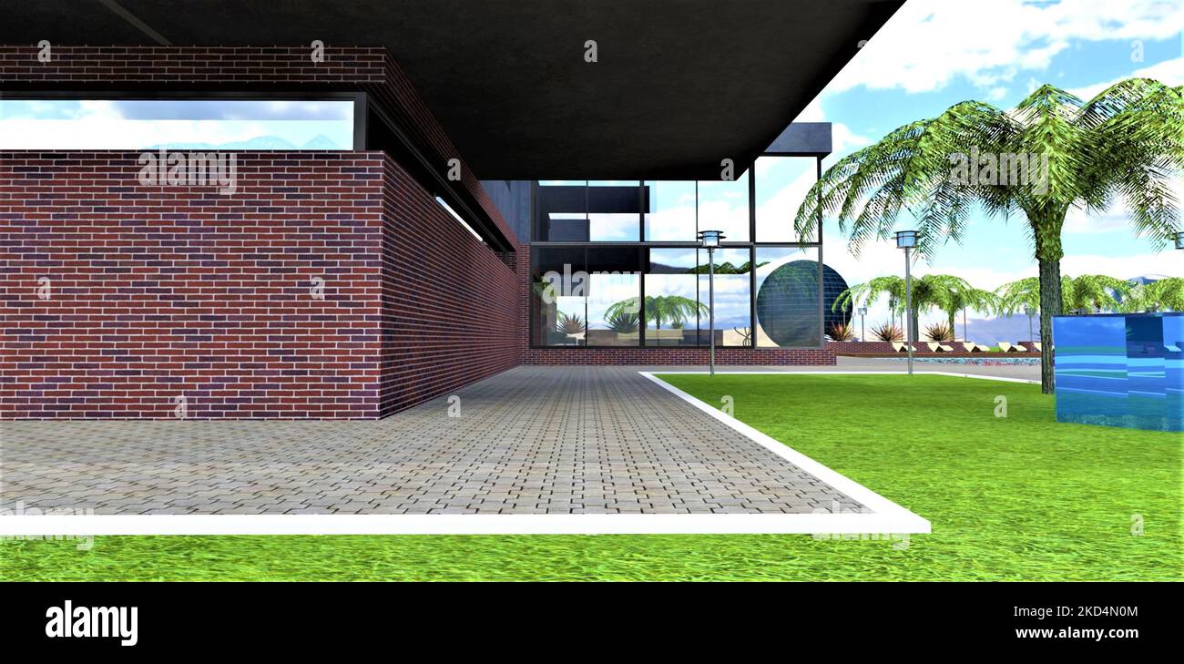 Blue brick wall. Paving stone from the gray curly block. White bright ...