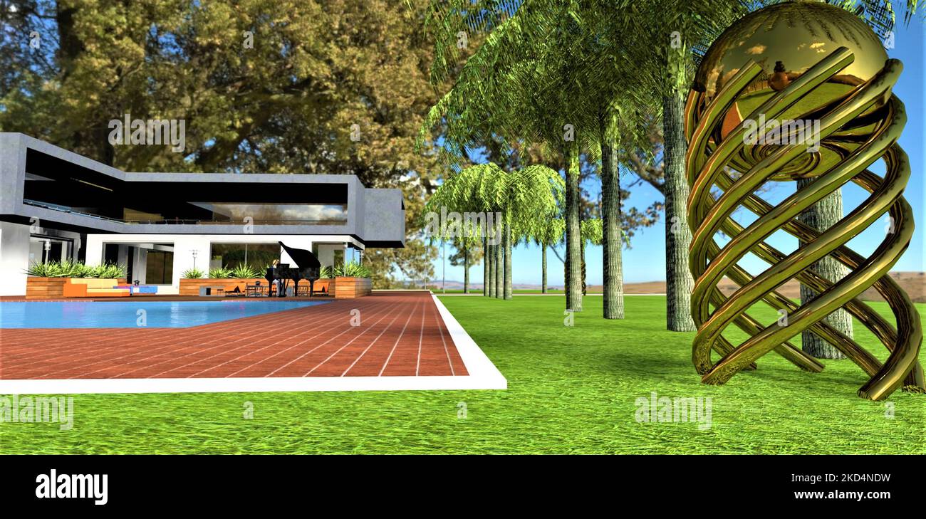 Bright morning in the courtyard of a stylish estate in an ecologically ...