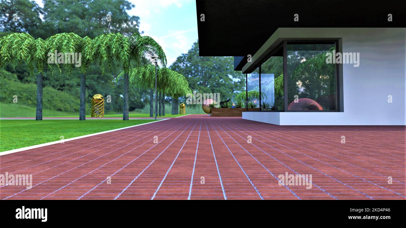 Stacked red brickwork as a blind area on the territory of a private ...