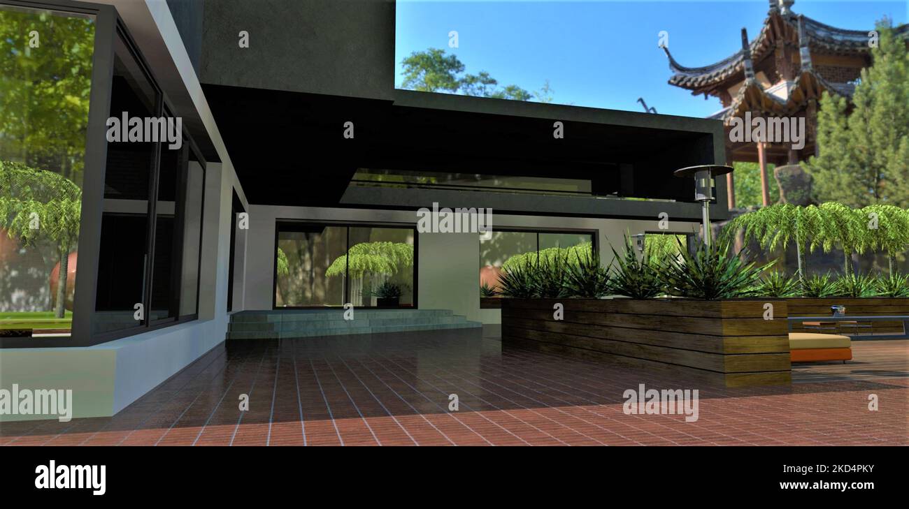 A new, recently commissioned eco-friendly house in the green bushes of ...