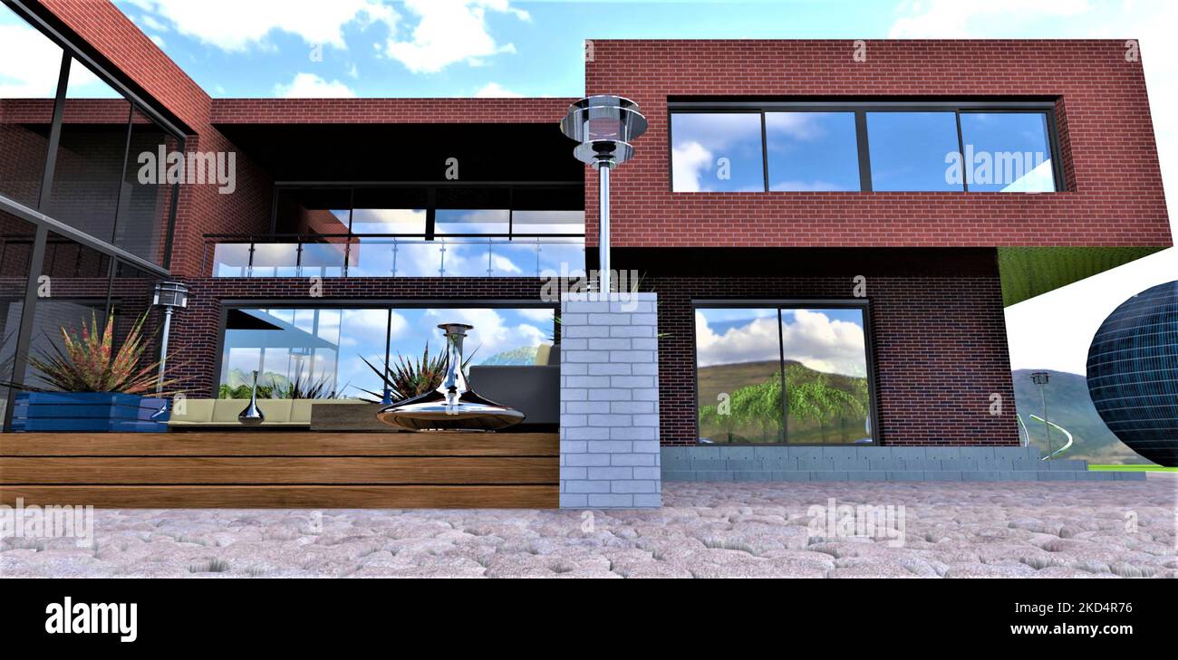 Cozy patio with wooden steps to the terrace with comfortable furniture ...