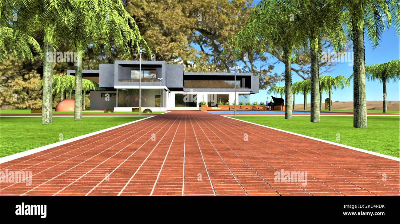 Cobbled road to the house lined with red clinker tiles. A white smooth ...