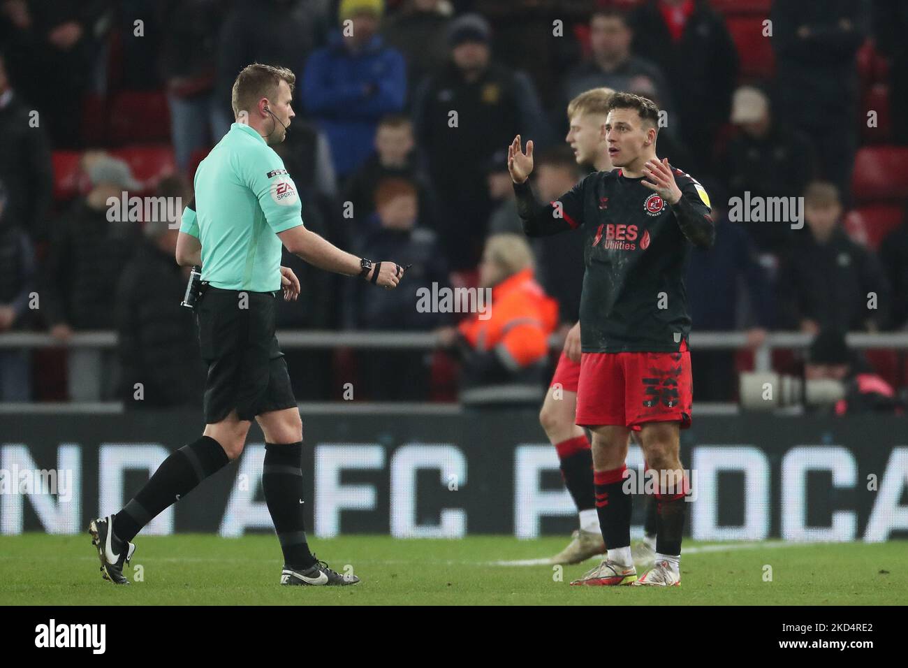 Chiekh Thiam of Fleetwood Town reacts to referee Samuel Barrott during ...