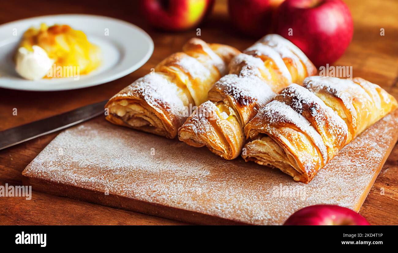A close-up of an apple strudel on a wooden table with an apple in the ...