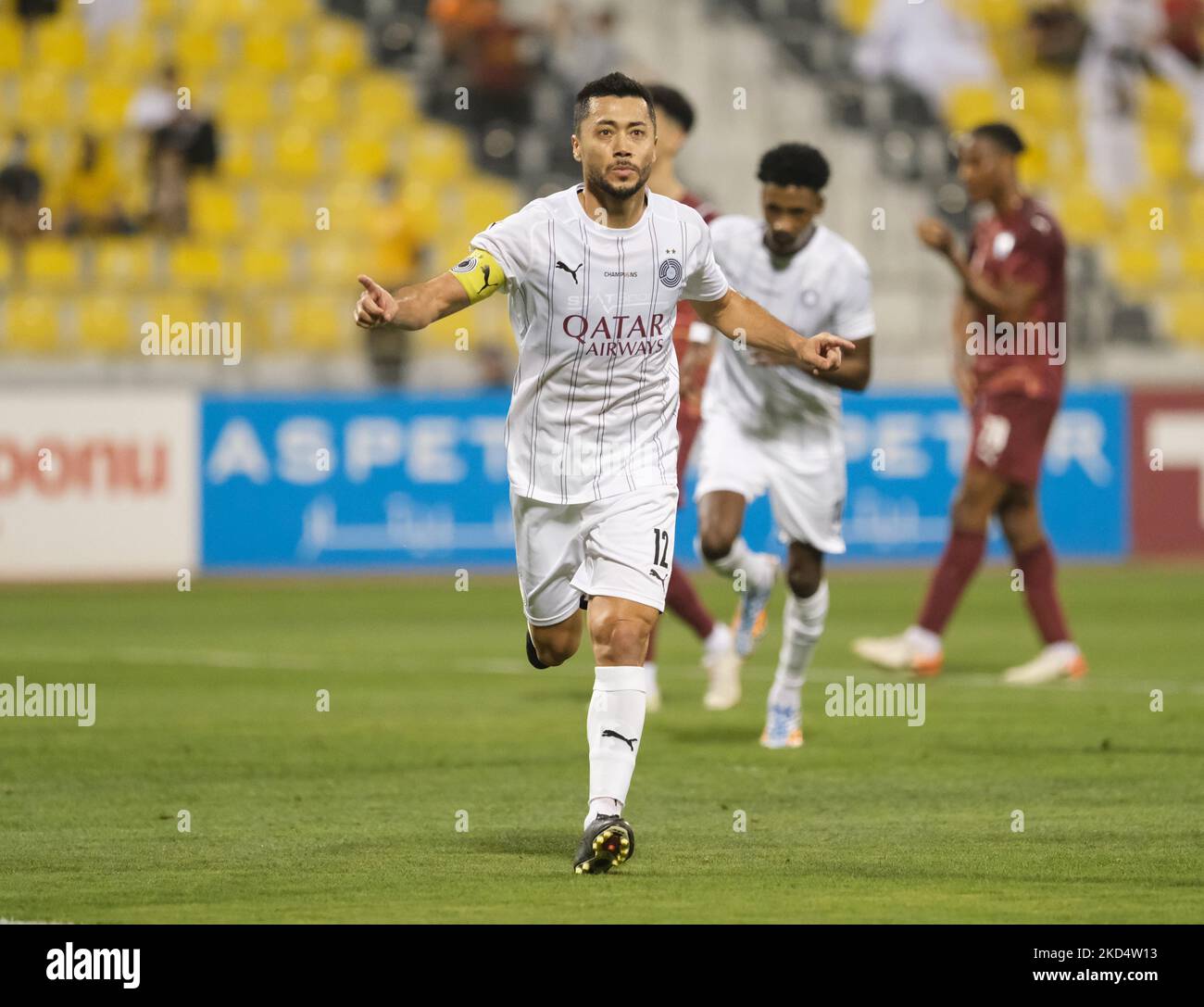 Rodrigo Tabata (12) of Al Sadd celebrates his goal during the QNB Stars ...