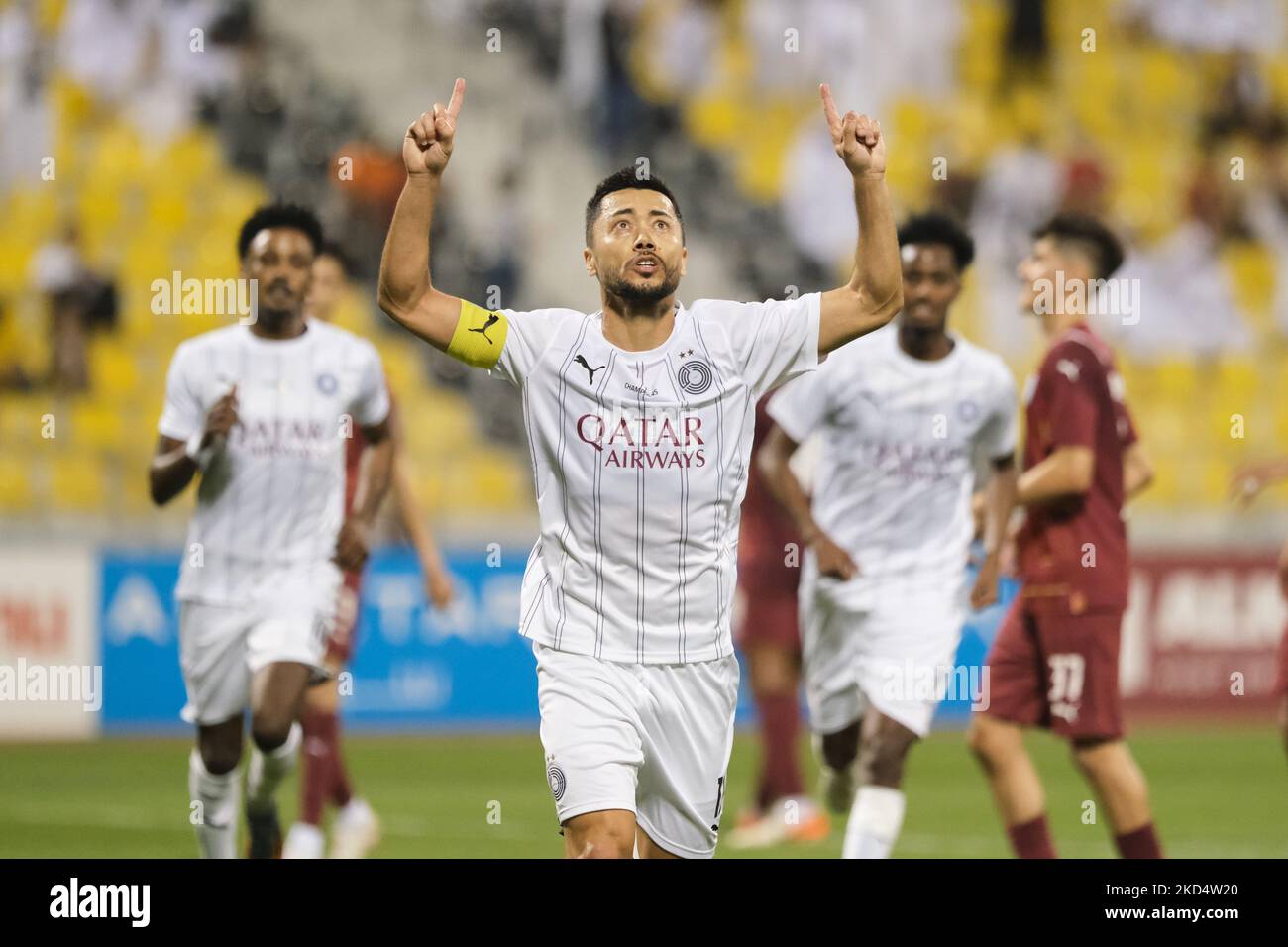 Rodrigo Tabata (12) of Al Sadd celebrates scoring during the QNB Stars ...