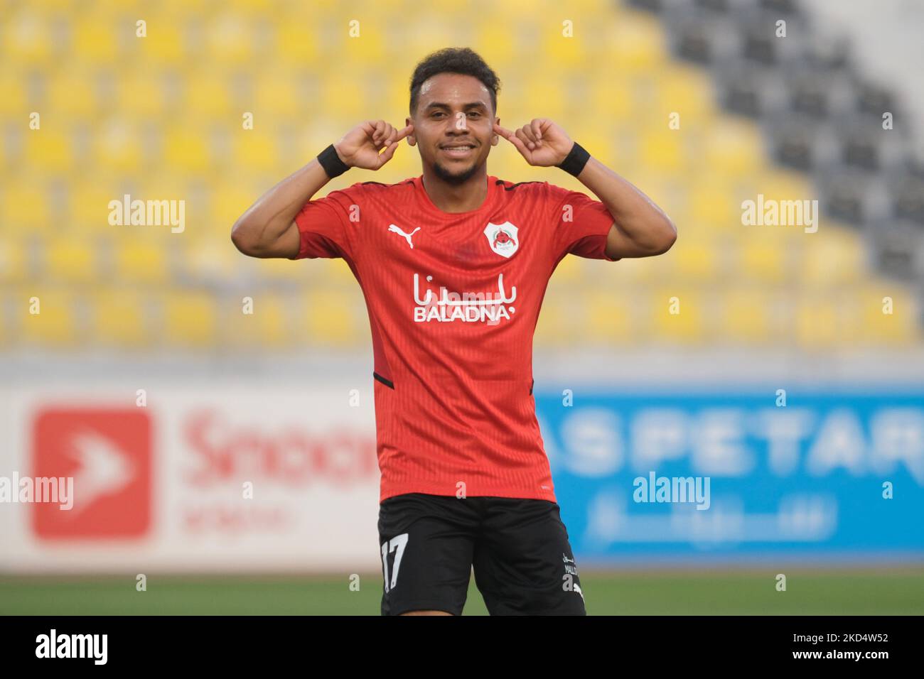 Hashim Ali (17) of Al Rayyan celebrates his goal during the QNB Stars ...