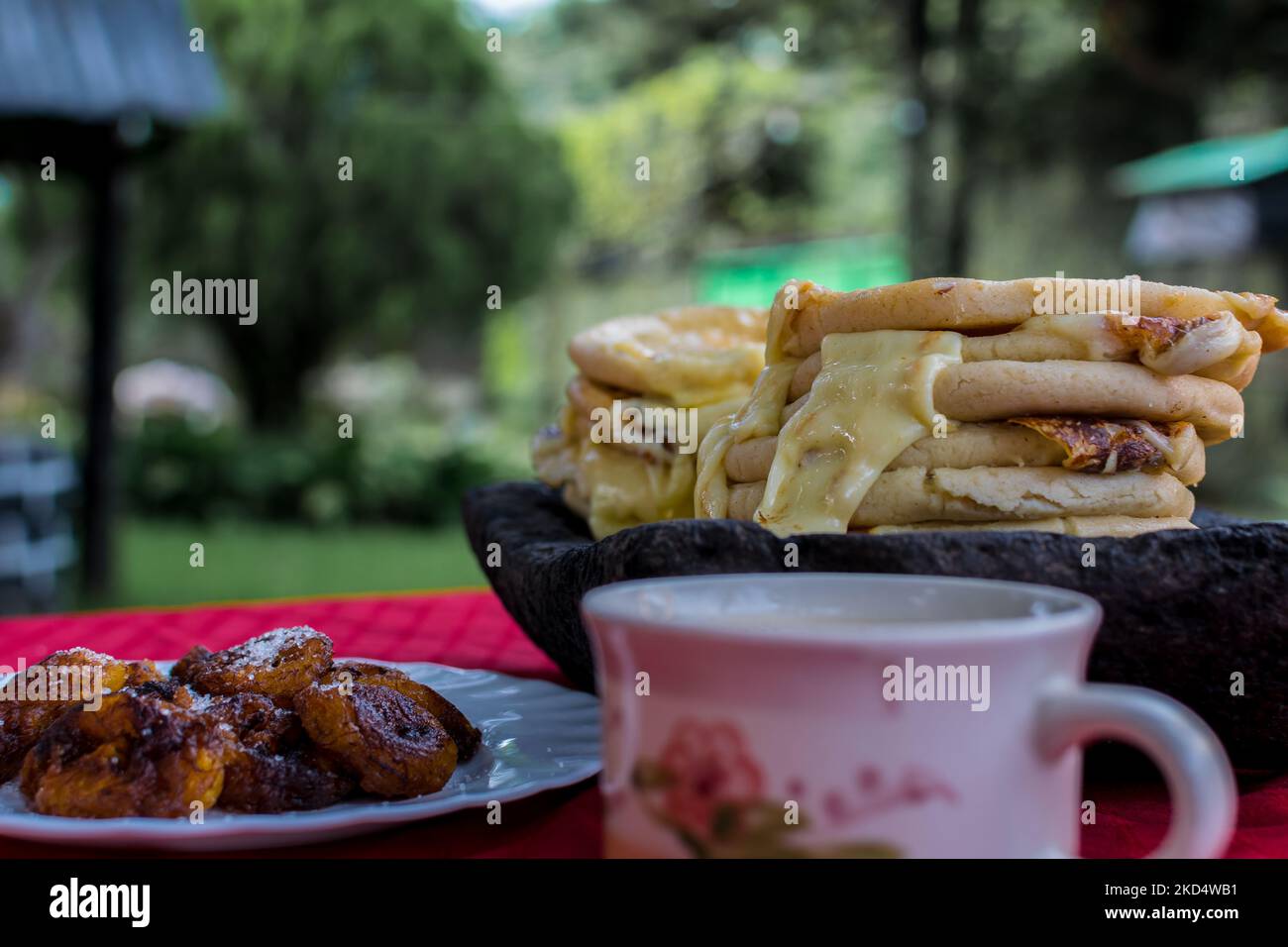 typical Salvadoran dish, cheese pupusas with cabbage and tomato sauce ...