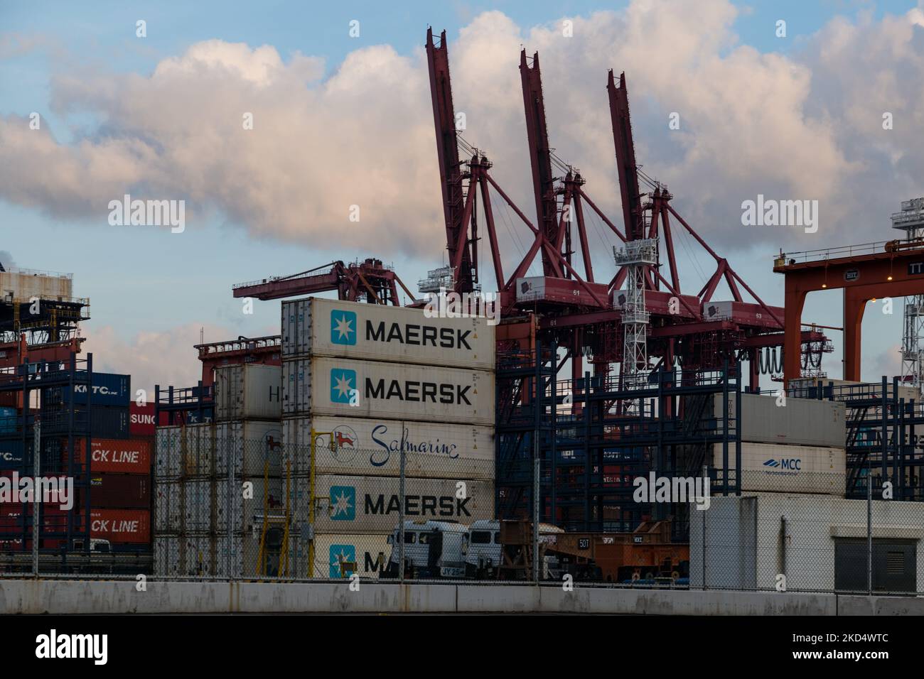 The shipping firm Maersk containers are seen piled up at the Tsing Yi ...