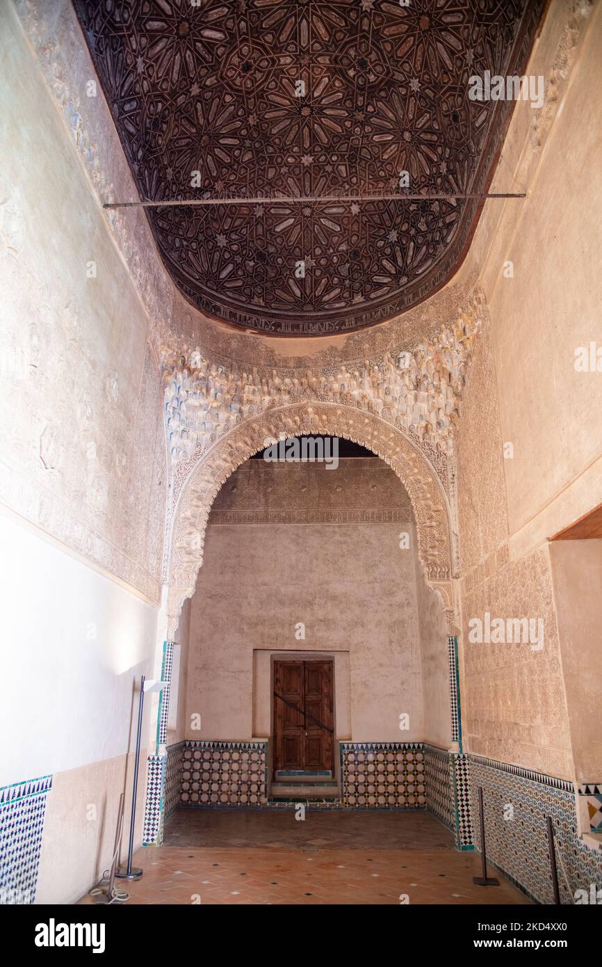 A hallway in a building at the Alhambra Palace complex in Granada ...