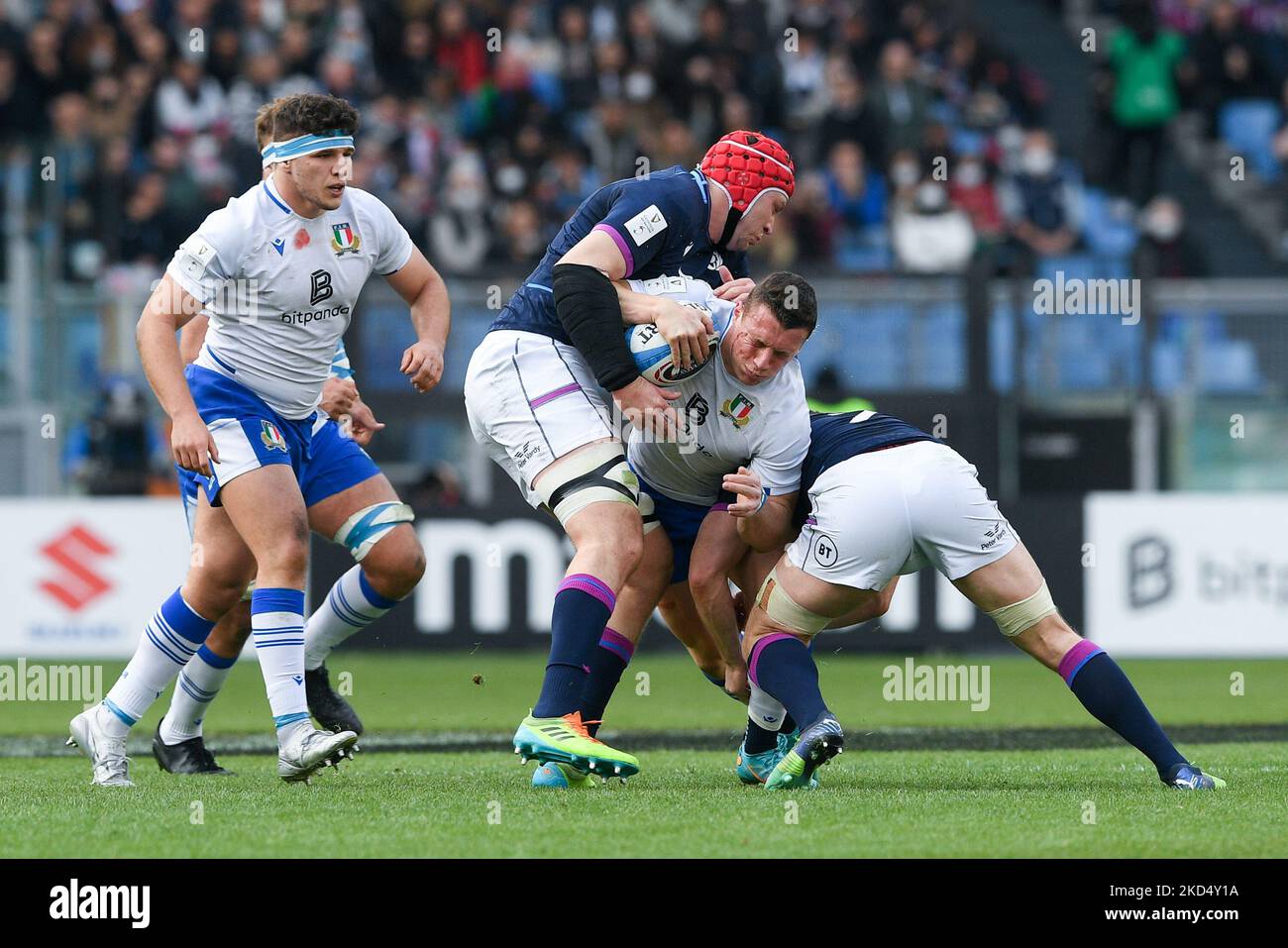 Paolo Garbisi of Italy and Hamish Watson of Scotland during the ...
