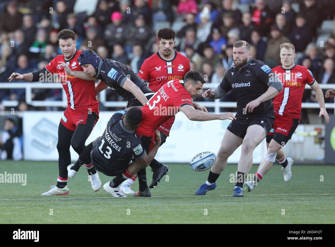 George Wacokecoke of Newcastle Falcons brings down Alex Lozowski of ...