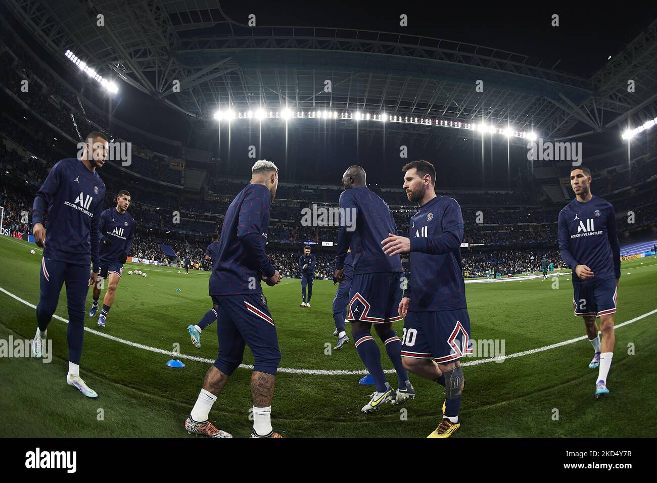 Kylian Mbappe, Neymar, Leo Messi, Achraf Hakimi of PSG during the warm ...