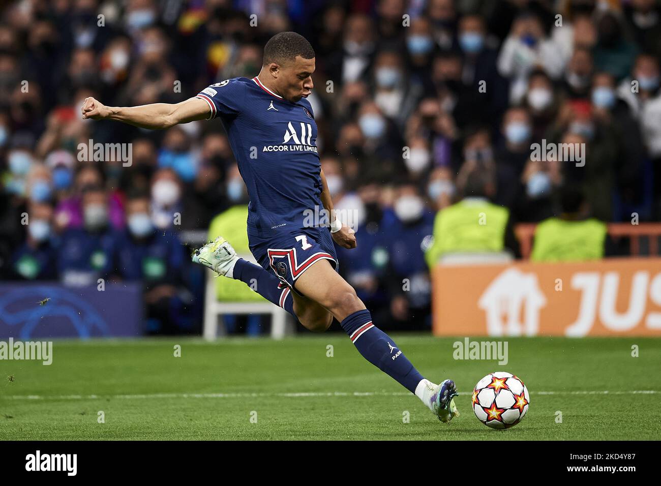 Kylian Mbappe of PSG shooting to goal during the UEFA Champions League ...