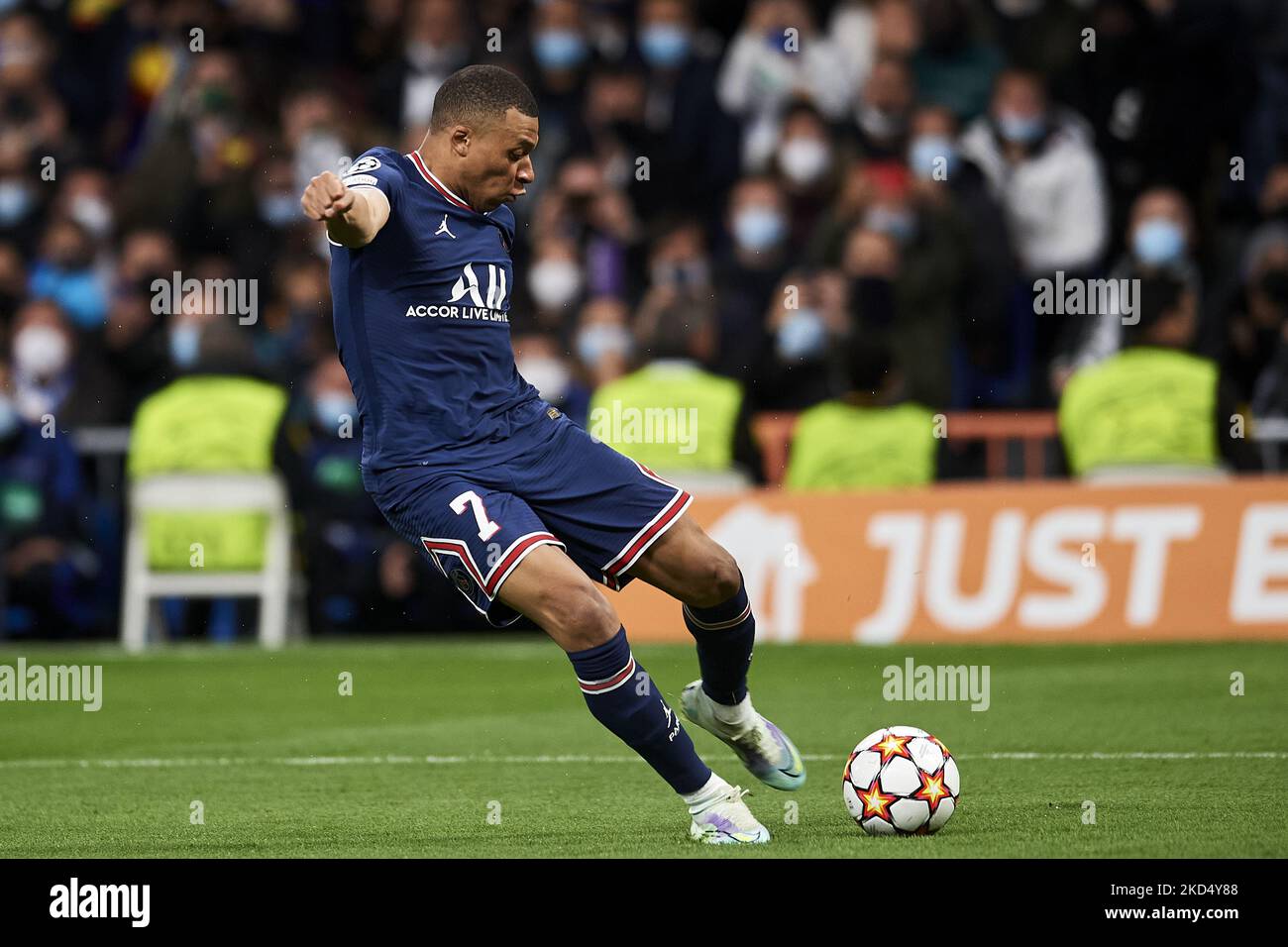 Kylian Mbappe of PSG shooting to goal during the UEFA Champions League ...