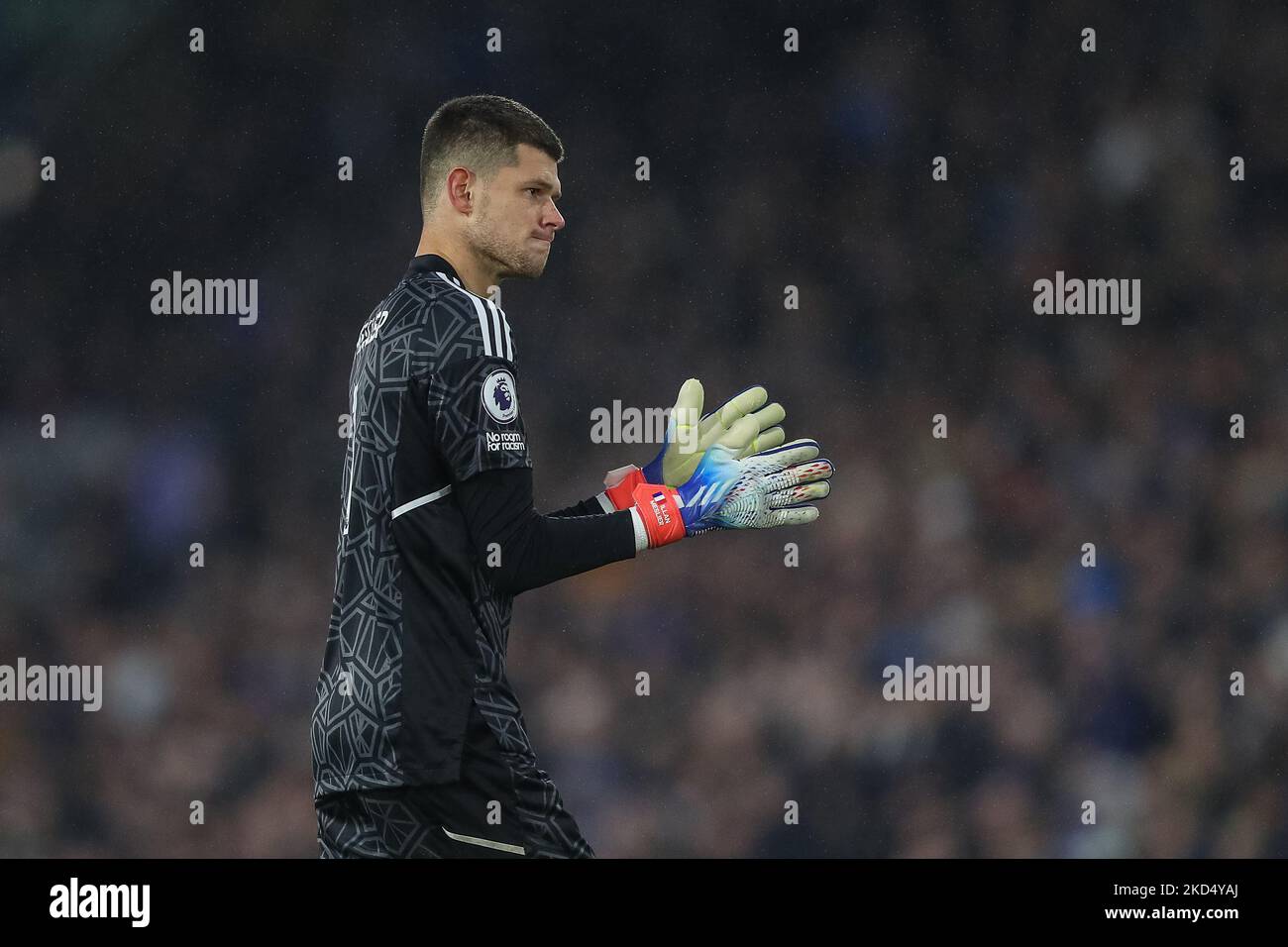 Illan Meslier #1 of Leeds United interacts with fans during the Premier ...