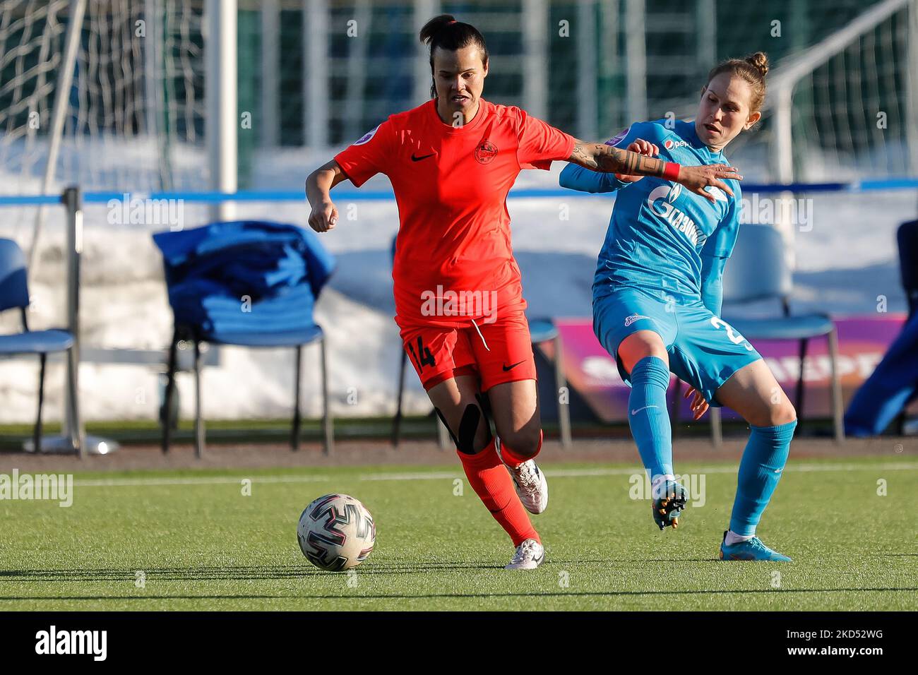 Aleksandra Lazarevic (R) of WFC Zenit and Ylona Vlasenko of WFC Zvezda ...