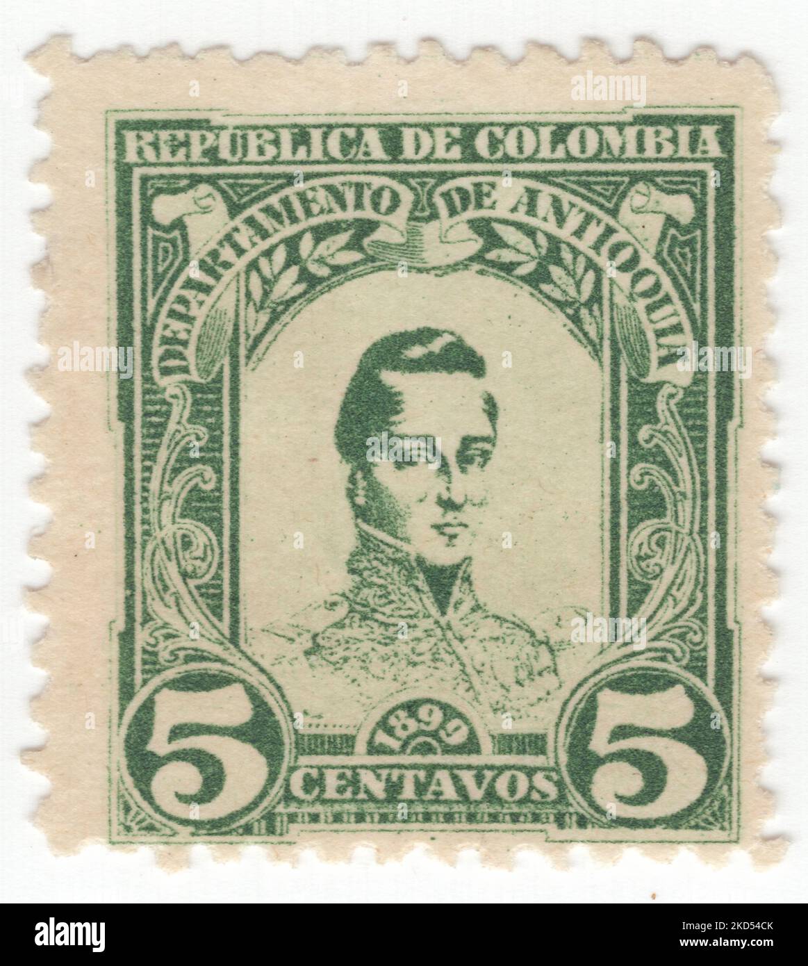 ANTIOQUIA - CIRCA 1899: An 5 centavos green postage stamp showing a ...