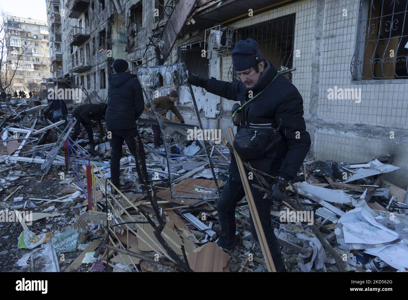 Residential building damaged by Russian shelling in Obolon a ...