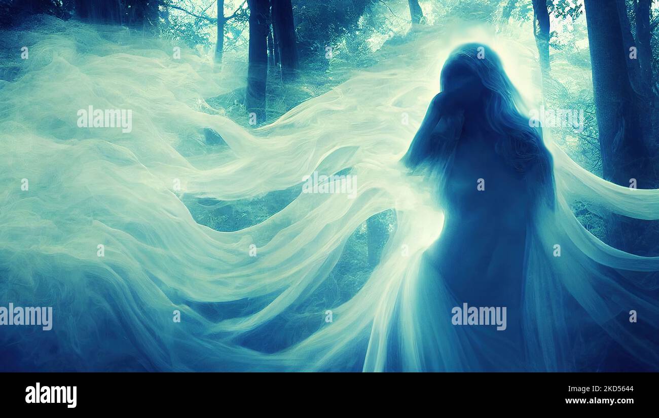 A female ghost walking in the mysterious blue forest Stock Photo - Alamy
