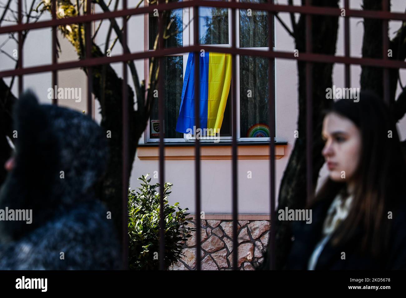 Ukrainian flag is seen next to the Consulate General of Ukraine in ...