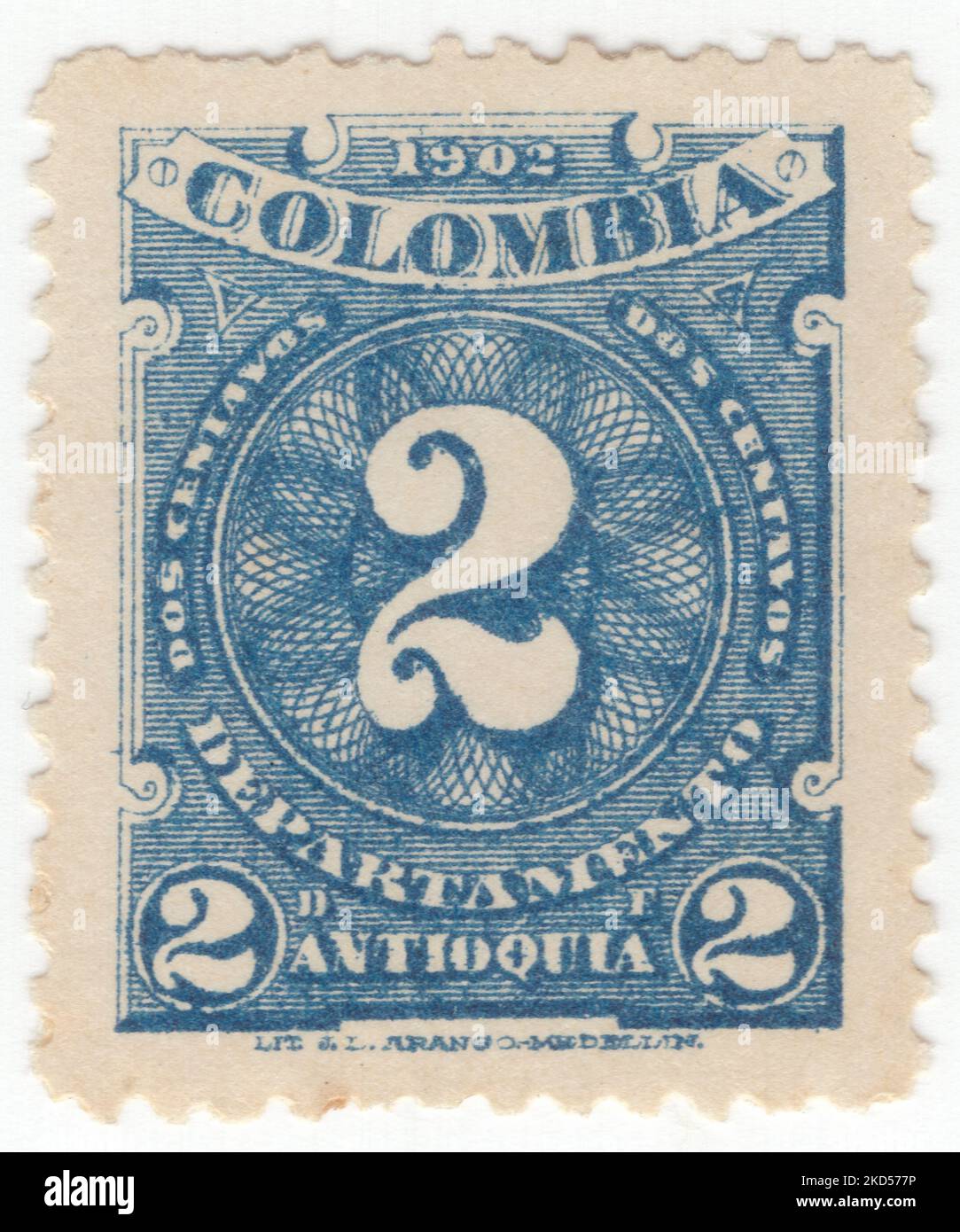 ANTIOQUIA - 1902: An 2 centavos blue postage stamp showing Numeral in ...