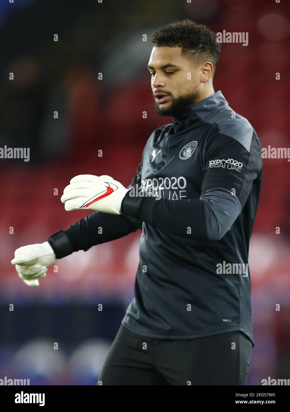 Manchester City's Zack Steffen during the pre-match warm-up during ...