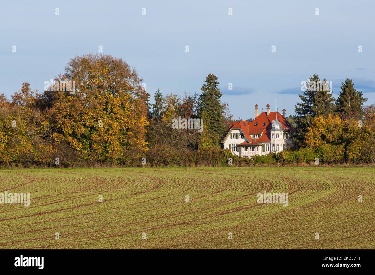 Old villa in autumn. Hidden behind the newly sown field between ...